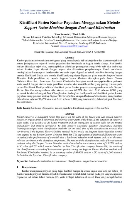 Pdf Klasifikasi Pasien Kanker Payudara Menggunakan Metode Support Vector Machine Dengan