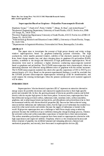 Pdf Supercapacitor Based On Graphene Polyaniline Nanocomposite Electrode