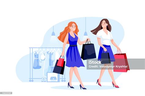 두 명의 여성 친구가 쇼핑몰을 통해 쇼핑백을 들고 걷고 있습니다 패션 의류 계절 세일 컨셉 벡터 일러스트레이션 가방에 대한 스톡 벡터 아트 및 기타 이미지 Istock