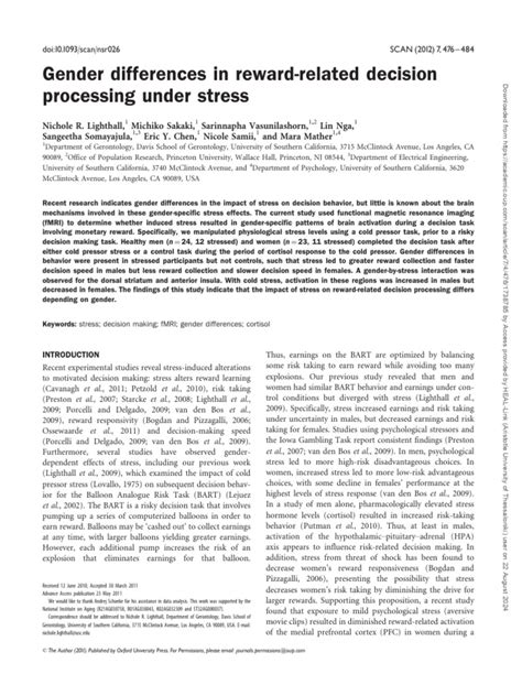 Gender Differences In Reward Related Decision Processing Under Stress