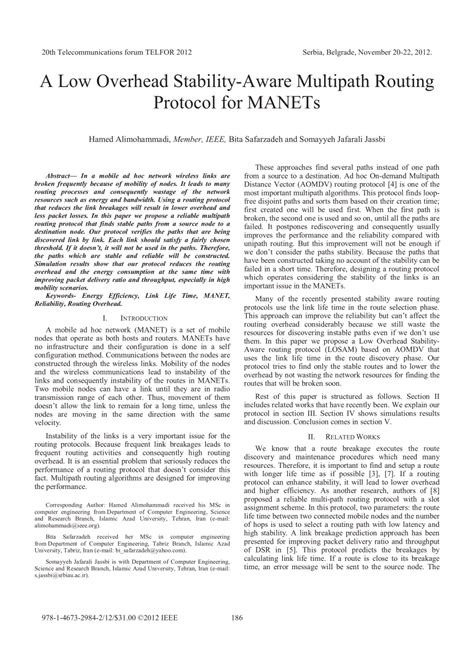 PDF A Low Overhead Stability Aware Multipath Routing Protocol For MANETs