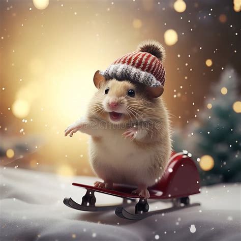 Snowy Joyride Cute Hamster On Sled Amidst Winter Wonderland Stock
