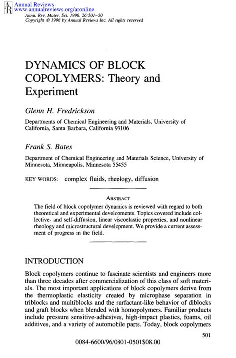Dynamics Of Block Copolymers Theory And Experiment Annual Reviews