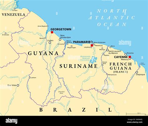 Guyana Suriname And French Guiana Political Map Two Countries And An Overseas Department Of