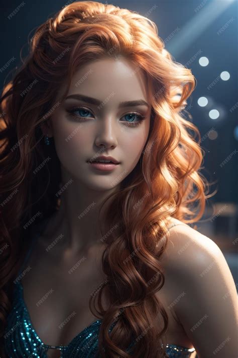 Premium Ai Image A Woman With Red Hair And A Blue Dress With A Long
