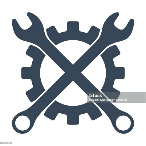 크로스 렌치와 기어의 실루엣 아이콘입니다 워크샵 정비사 수리 서비스 로고 템플릿 깨끗 하 고 현대적인 벡터 일러스트입니다 개념에 대한 스톡 벡터 아트 및 기타 이미지