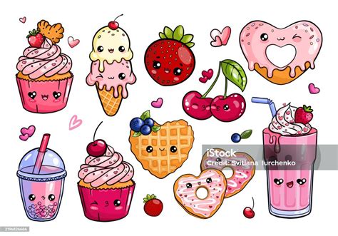 손으로 그린 컵 케이크 체리 하트 모양의 와플과 도넛 밀크 쉐이크 버블 티 딸기 카와이 스타일의 아이스크림 캐릭터가 있는 귀여운 클립아트 세트입니다 벡터 일러스트 레이 션