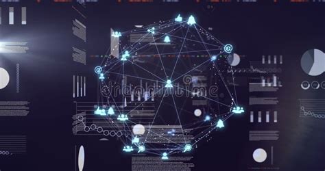 Image Of Icons Connected With Lines Forming Globe And Rotating Over Infographic Interface Stock