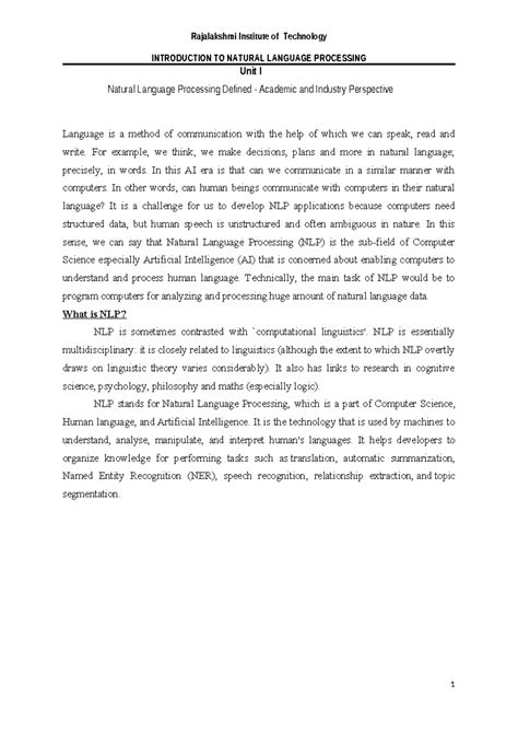 Natural Language Processing Introduction To Natural Language Processing Unit I Natural