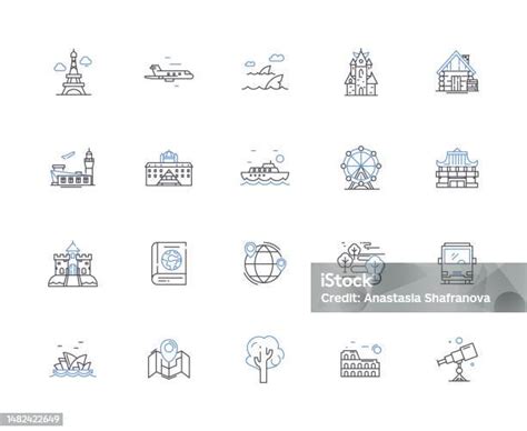 세계 여행 개요 아이콘 모음입니다 관광 여행 여행 탐험가 탐험 방랑벽 크루즈 벡터 및 일러스트레이션 개념 세트 탐험가 비행 소풍 선형 표지판 0명에 대한 스톡 벡터 아트 및