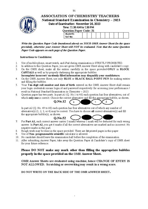 Nsec 2023 Set 31 Nsec Qp A C D Association Of Chemistry Teachers