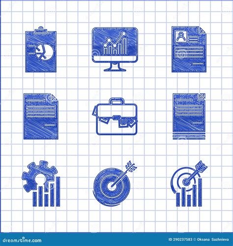 Set Briefcase And Money Target With Graph Chart Document Pie Infographic Resume And