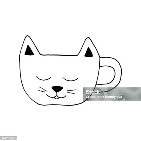 고양이 얼굴 손 그린 낙서의 형태로 컵 벡터 미니멀리즘 뜨거운 음료 코코아 커피 차 스티커 아이콘 메뉴 인쇄 고양이 새끼에 대한 스톡 벡터 아트 및 기타 이미지 Istock