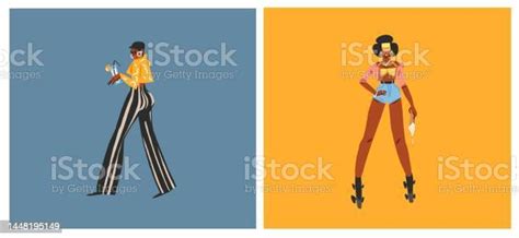 손으로 그린 벡터 추상 현대 그래픽 삽화 캐릭터 컬렉션 세트 디스코 파티와 롤러블레이드 90년대 요소에 젊은 여성 아프리카 계 미국인 개념입니다 만화 캐릭터 디자인 여름에