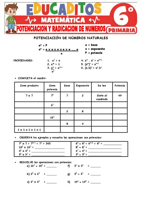 Potenciacion Y Radicacion De Numeros Para Sexto Grado De Primaria