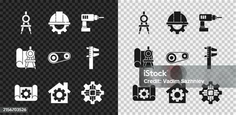 드로잉 나침반 작업자 안전 헬멧 및 기어 전기 드릴 머신 그래프 용지 집 프로세서 및 타이밍 벨트 키트 아이콘을 설정합니다 벡터