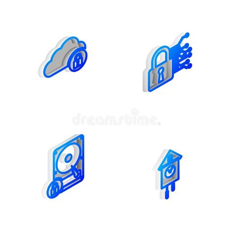 Set Isometric Line Cyber Security Cloud Computing Lock Hard Disk Drive And And Retro Wall