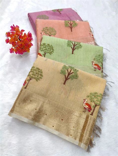 Embroidered Tissue Linen Embroidery Saree With Blouse Piece At ₹ 885