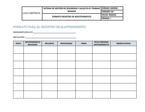 Formato De Registro De Mantenimiento Pdf