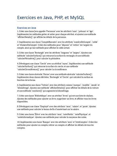 Exercices Java Php Mysql Pdf
