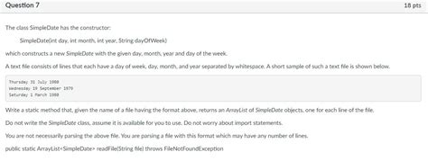 Solved Question 7 18 Pts The Class Simpledate Has The