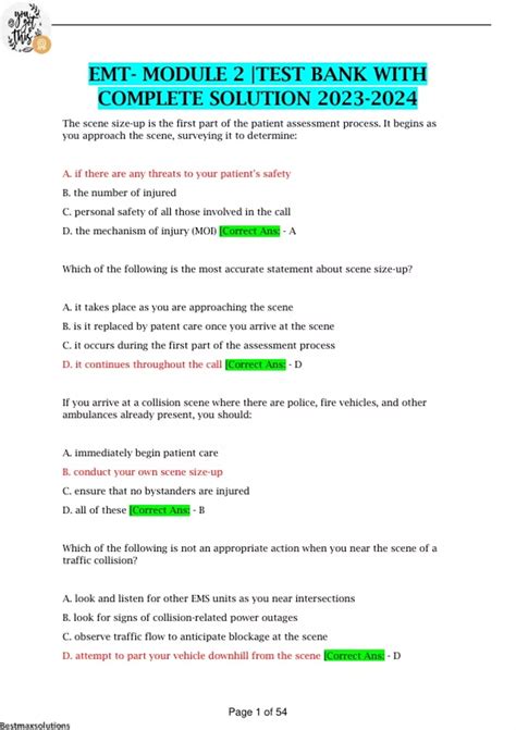 Emt Module 2 Test Bank With Complete Solution Emt Stuvia Us