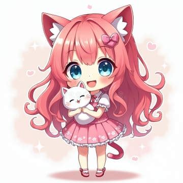 Cute Anime Girl With Pink Hair Cat Ears Tail Wears Pink Dress With