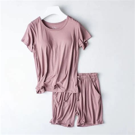 Shelf Bra Tshirt Two Piece Pyjamas Set Removable Bra Cups Plus Size Av