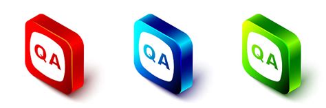 흰색 배경에서 격리된 질문 및 답변 아이콘이 있는 등색 음성 거품입니다 Q 및 기호 Faq 기호 채팅 음성 거품 및 차트 빨간색 파란색 및 녹색 사각형 버튼 벡터 0명에