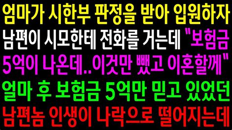 반전사연엄마가 시한부 판정을 받아 입원하자 남편이 시모한테 전화를 거는데얼마후 보험금을 믿고 있었던 남편놈 인생이 나락으로 떨어지는데 신청사연 사이다썰 사연라디오