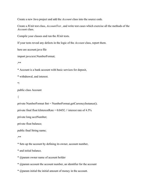 Create A New Java Project And Add The Account Class Into The Source Copdf