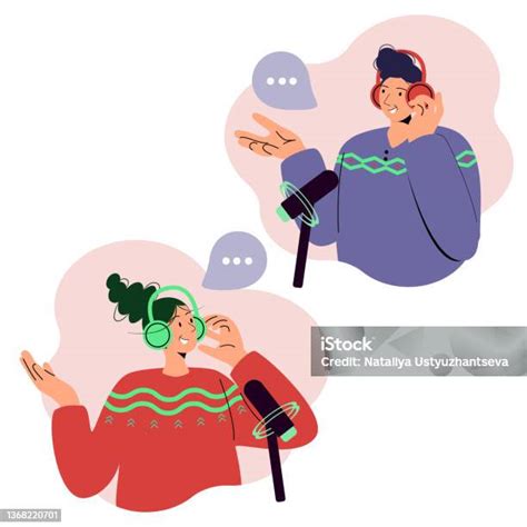 만화 미소 사람들은 오디오 팟 캐스트 또는 온라인 쇼 벡터 평면 일러스트를 기록 라디오 아나운서 즐거운 사람이 게스트 인터뷰 방송 미디어 Dj에 대한 스톡 벡터 아트 및