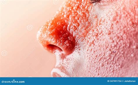 Skin Irritation Close Up Of Red Bumpy Skin On Womans Nose And Cheeks From Allergy Or Sunburn