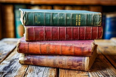 Stack Of Old Books With Their Spines Visible Placed On Wooden Table