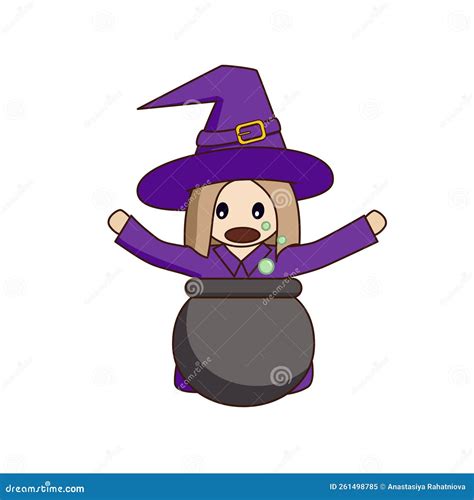 Little Cute Cartoon Witch Casts A Spell Over A Boiling Cauldron Stock