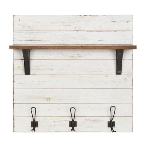 White Rustic Wood Wall Shelf With Hooks Wall Design Ideas