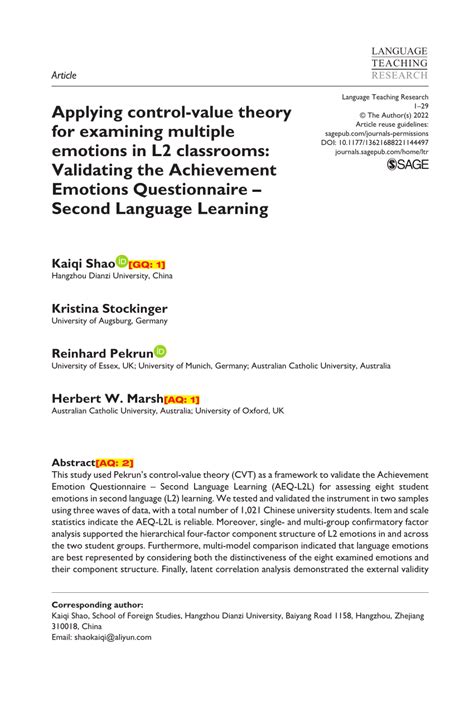 Pdf Applying Control Value Theory For Examining Multiple Emotions In L2 Classrooms Validating