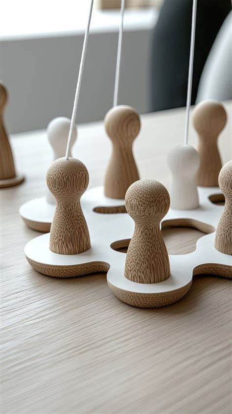 Wooden Figures Linked By White Circles Illustrate A Network Concept Representing Teamwork And