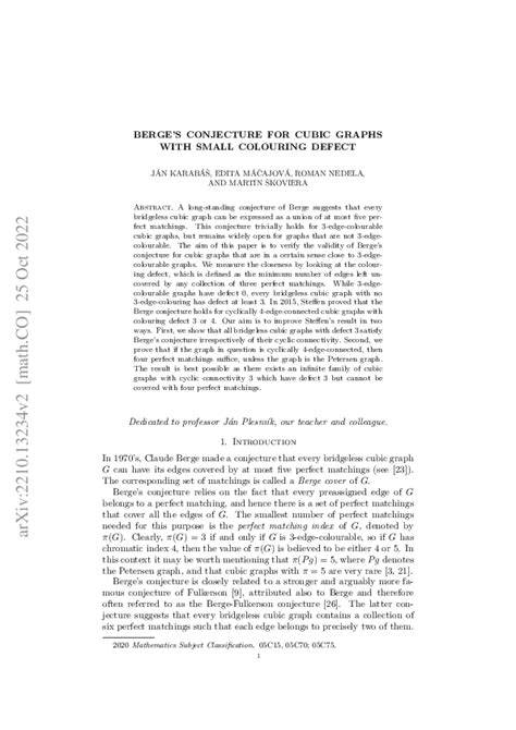 Pdf Berges Conjecture For Cubic Graphs With Small Colouring Defect