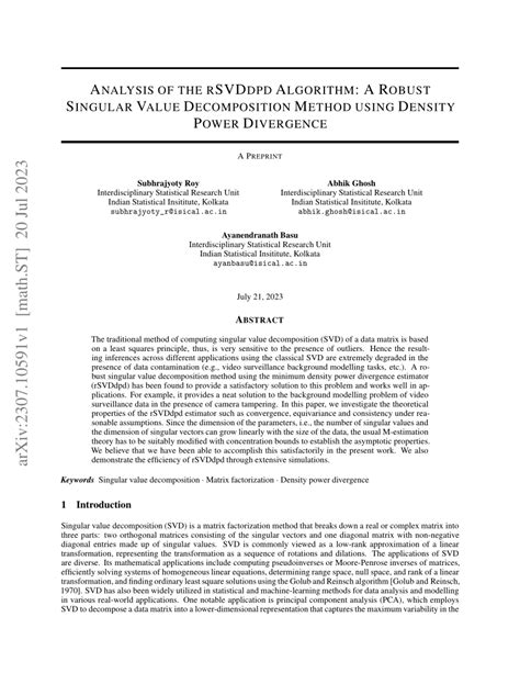 Pdf Analysis Of The Rsvddpd Algorithm A Robust Singular Value