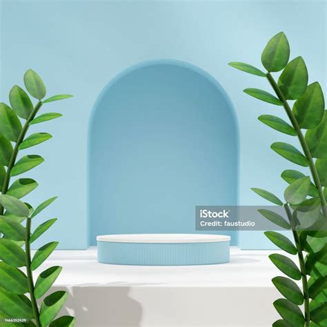 3d 렌더링 자미아 하우스 식물 배경이 있는 사각형에 있는 하늘색과 흰색 연단의 빈 모형 0명에 대한 스톡 사진 및 기타 이미지 0명 3차원 형태 강단 Istock