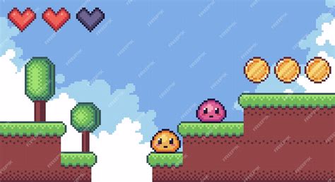 Premium Vector Scene With Coins Slime Monsters On Pixel Platform
