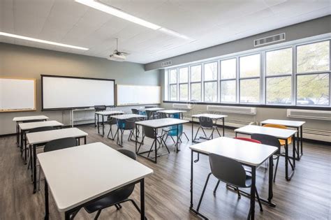 A Classroom With Modern Furniture And Interactive Whiteboard Perfect For Creative Learning