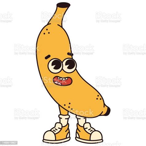 복고풍 만화 과일 바나나 캐릭터 귀여운 만화 캐릭터가 있는 현대적인 그림 만화 캐릭터의 손으로 그린 낙서 트렌디 한 만화 스타일 7080년대 복고풍 분위기 0명에 대한 스톡