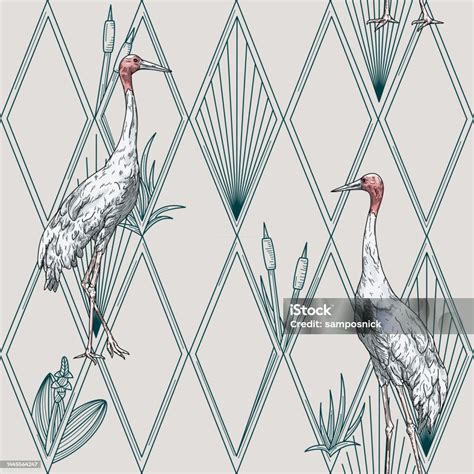 현대 아르 데코 할리우드 리젠시 Sarus 크레인과 다이아몬드 원활한 패턴 아르데코에 대한 스톡 벡터 아트 및 기타 이미지 아르데코 패턴 0명 Istock