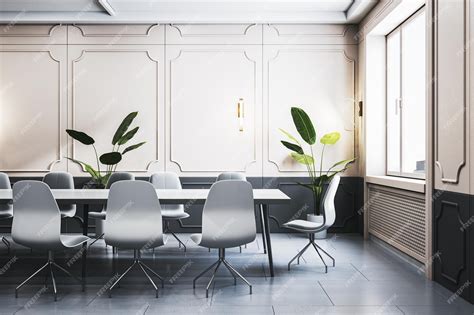 현대적인 클래식 회의실 인테리어 가구 창문 및 도시 전망 3d 렌더링 프리미엄 사진