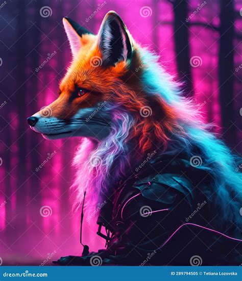 Cyberpunk Fox In Neon Lighting Futuristic Photorealistic Illustration