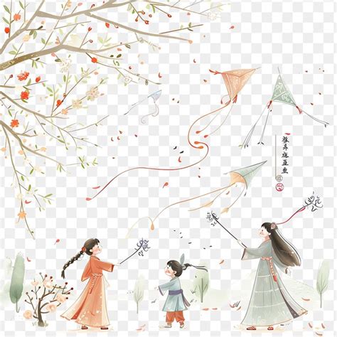 칭밍 페스티벌 캐릭터와 날아다니는 카이트 디자인은 포 2d 플래트 배너 포스터 티셔츠 아트 프리미엄 Ai 생성 Psd