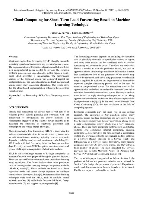 Pdf Cloud Computing For Short Term Load Forecasting Based On Machine Learning Technique