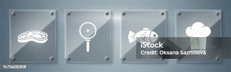 요리사 모자 생선 프라이팬 스테이크 고기를 설정합니다 정사각형 유리 패널 벡터 고기에 대한 스톡 벡터 아트 및 기타 이미지 고기 굽기 낚시 Istock